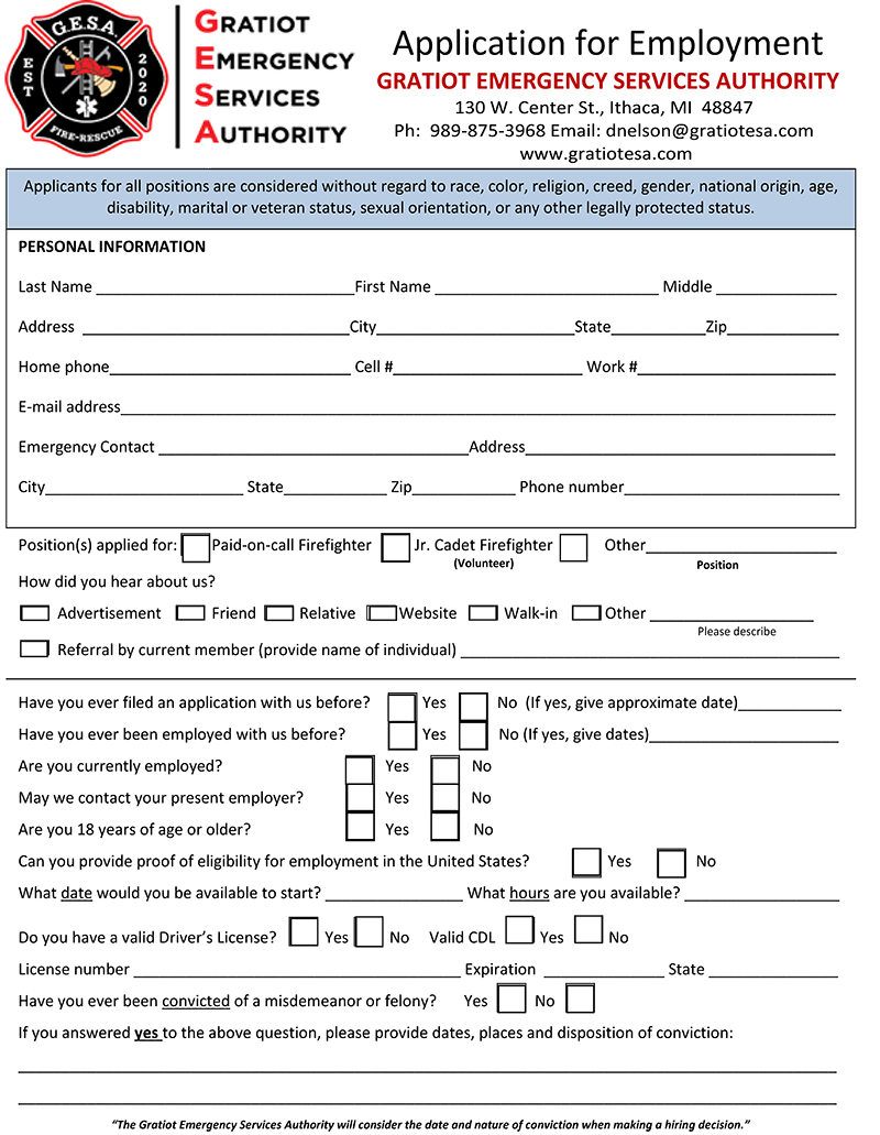 Employment Application – Gratiot Emergency Services Authority